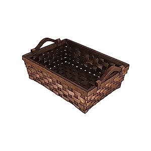 Rectangular Wooden Basket, Natural Hand Woven Storage Basket with Handles for Sundries Toys Fruits (Dark Brown)