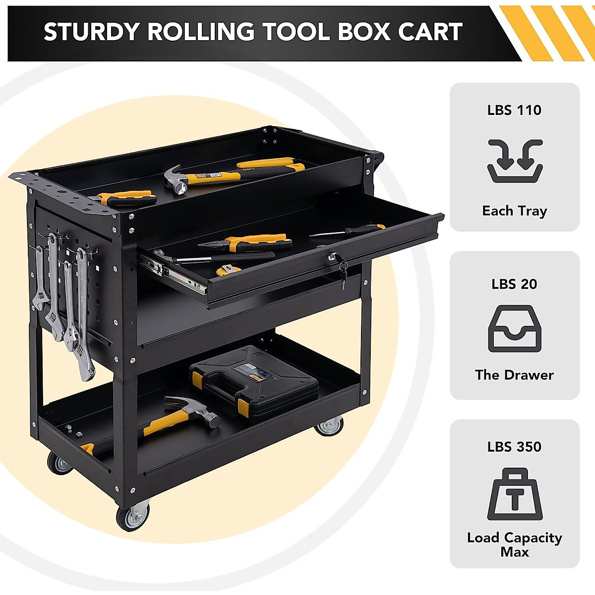 SUN & SUMMER Tool Chest with Wheels, Rolling 3-Tier Tool Box with Wheels 330 LBS Capacity Heavy Duty Utility Industrial Service Cart with Locking System Drawer for Garage, Warehouse & Repair Shop