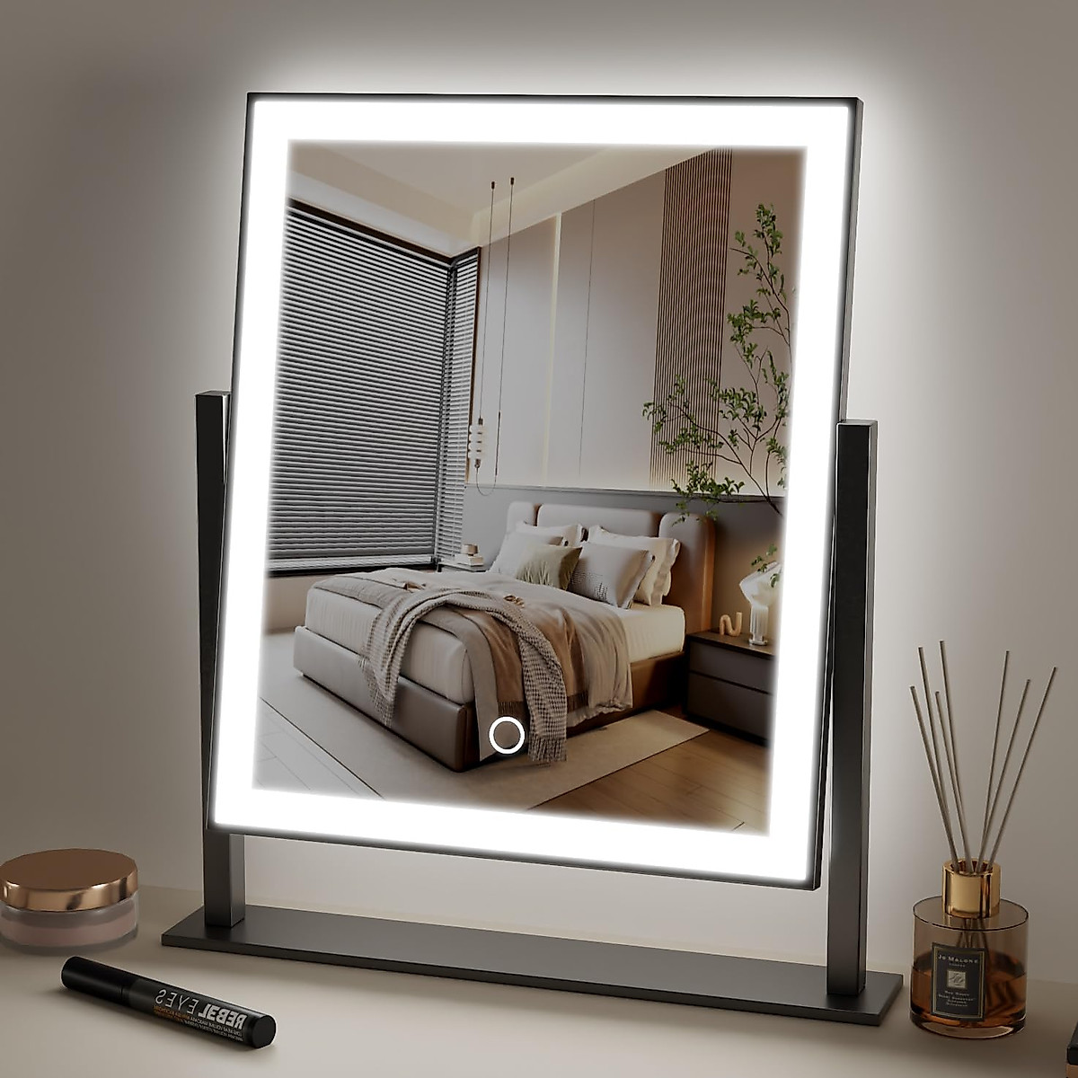 durup Lighted Hollywood Vanity Makeup Mirror with Light Smart Touch Control 3-Gear Dimable Light 360°Rotation (12in, Black)