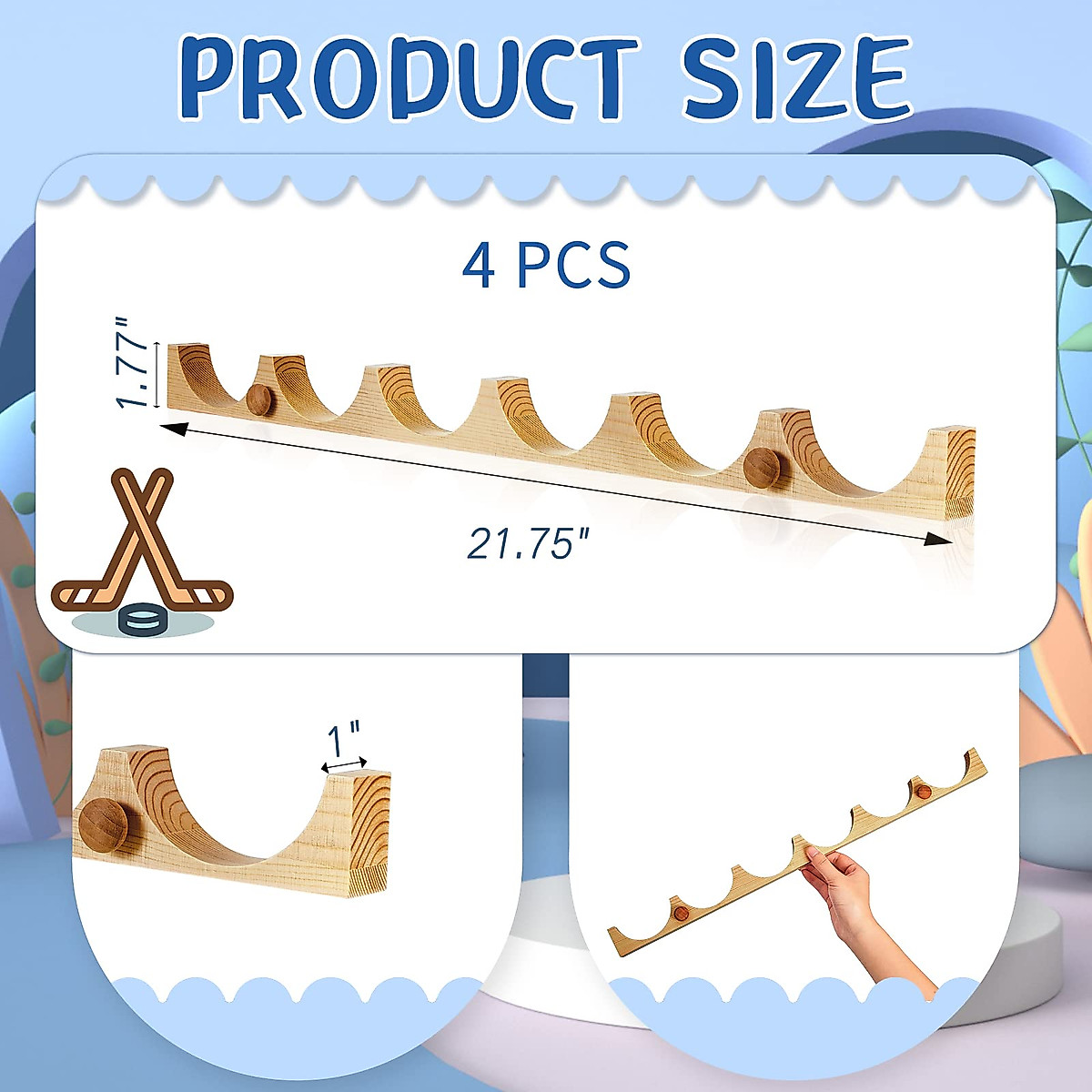 Taiyin 4 Pcs Hockey Puck Display Case Holder Wall Rack Holder Wall Mount Wood Hockey Puck Holder with Smooth Grooves for Room Living Room Decoration, 21.75 x 1.5 x 1 Inches