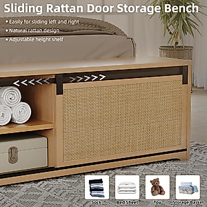 GarveeHome Natural Rattan Queen Size Bed Frame with Sliding Barn Door Storage Cabinets and LED Light Headboard, Boho Farmhouse Wood Platform Bed with Solid Wood Legs Support, No Box Spring Needed