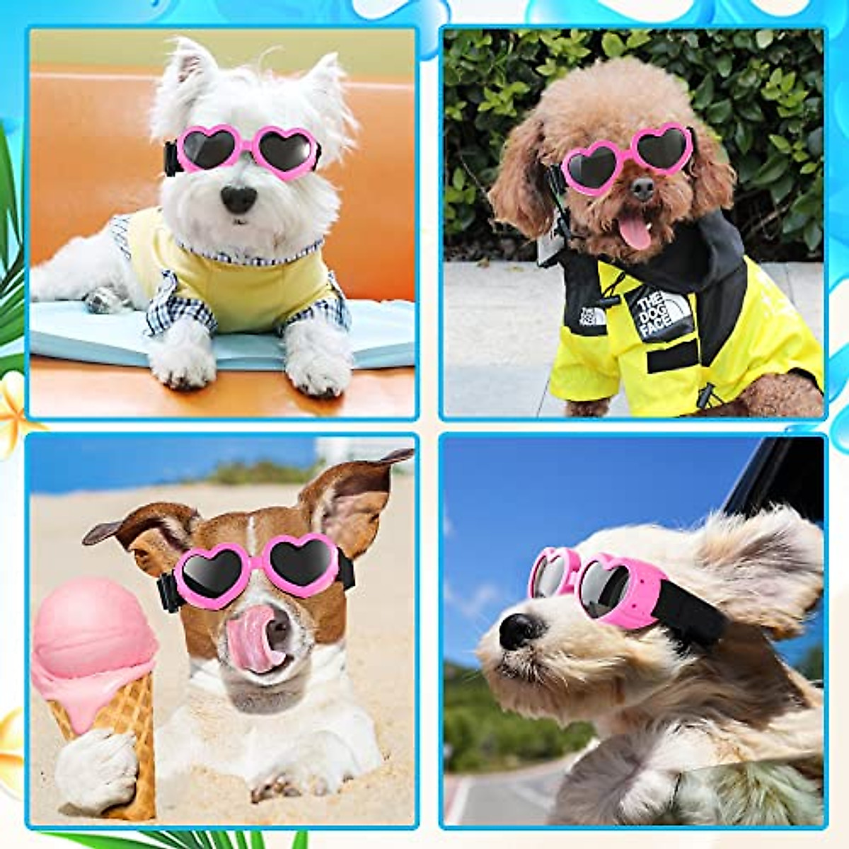 IKUSO Dog Sunglasses Small Breed,UV Protection Dog Sunglasses with Adjustable Strap, Heart Dog Goggles for Waterproof Windproof Anti-Fog Eye Protection,Beach Accessories for Puppy (Pink)