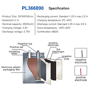 YTKavq 3.7V 2500mAh Battery 366890 Lithium Polymer Ion Rechargeable Li-ion Li-Po Battery with 2P PH 2.0mm Pitch Connector