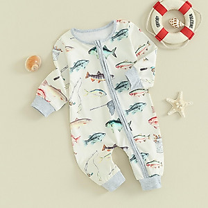 Lamuusaa Western Baby Girl Boy Clothes Long Sleeve Cow Print Romper Zipper Bodysuit Jumpsuit One Piece Fall Winter Outfit (Fish-White, 0-6 Months)