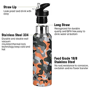 WELLDAY Water Bottle Orange Camouflage Double Wall Vacuum Insulated Flask Stainless Steel with Straw Lid 32oz