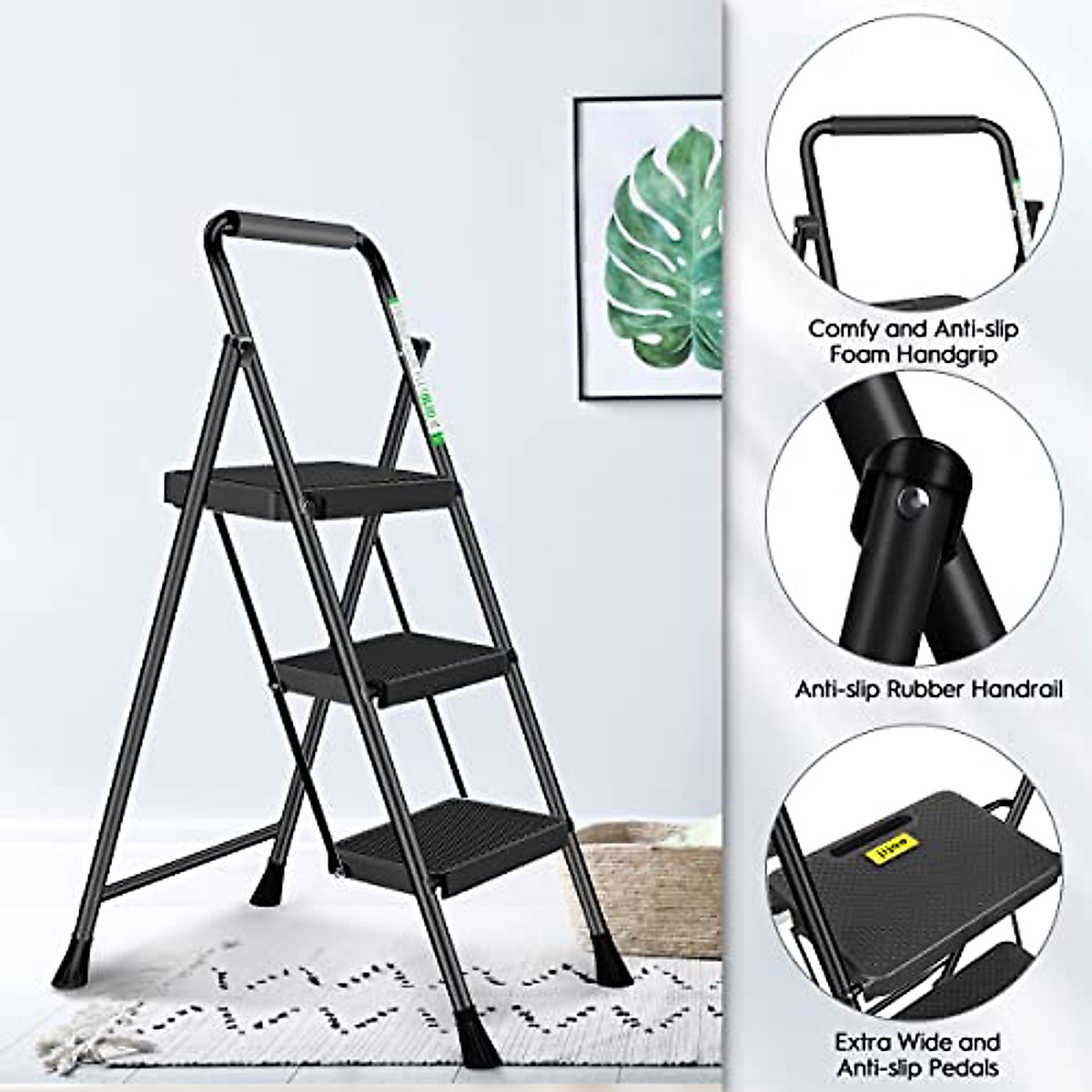 3 Step Ladder Folding Step Stool with Wide Anti-Slip Pedals and Comfort Handgrip for Kitchen Household and Office, Lightweight Capacity 500lbs Sturdy Step Ladder（Black）
