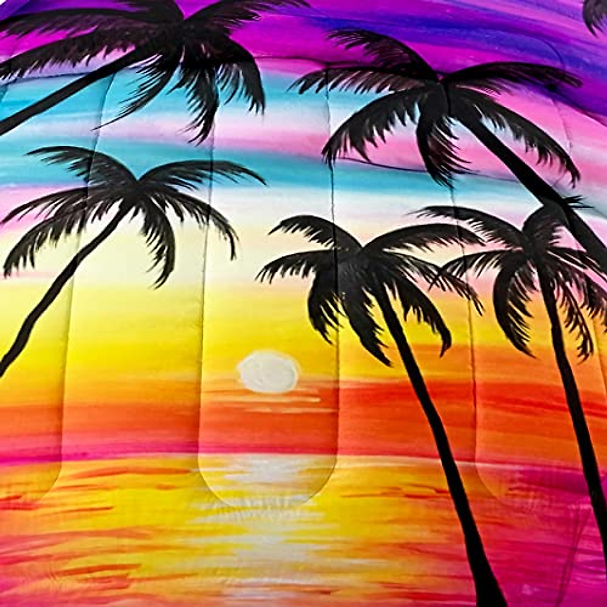 Tropical Sunset Palm Tree Comforter Set for Kids and Adults, Queen Size Sea Ocean Sunset Quilt Bedspreads with 2 Silhouette Sunset Pillowcases - 90" x 90" (Queen, Yellow)