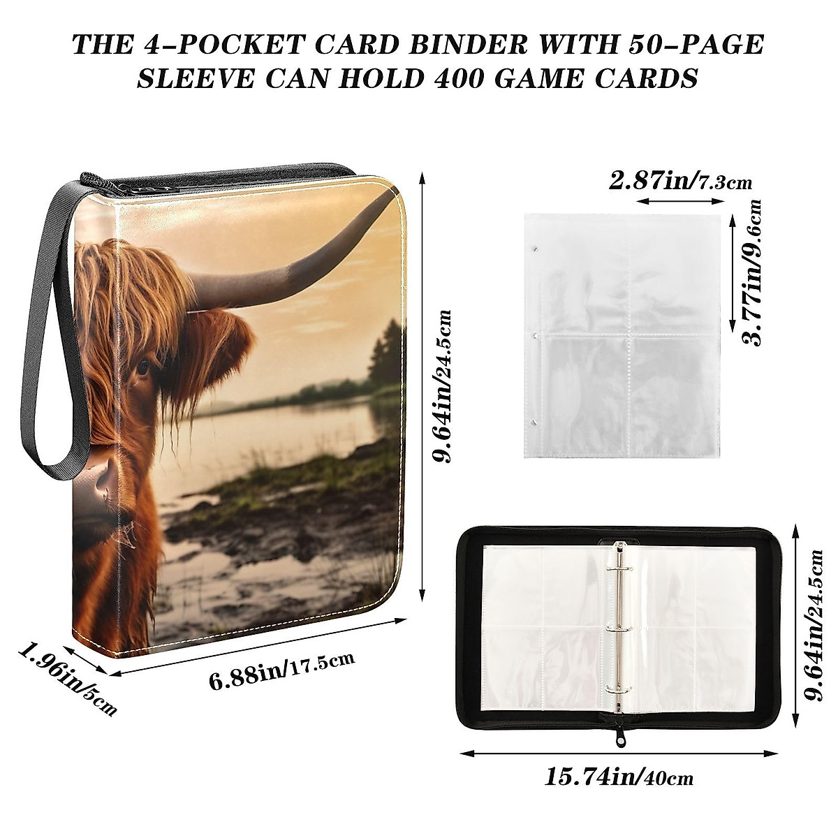 PYBUG Highland Cow Trading Card Binder with Nylon Strap 4-Pocket Waterproof PU Leather Card Collection Binder for 400 Cards Sturdy Card Holder Folders for Game Cards,Sports Cards