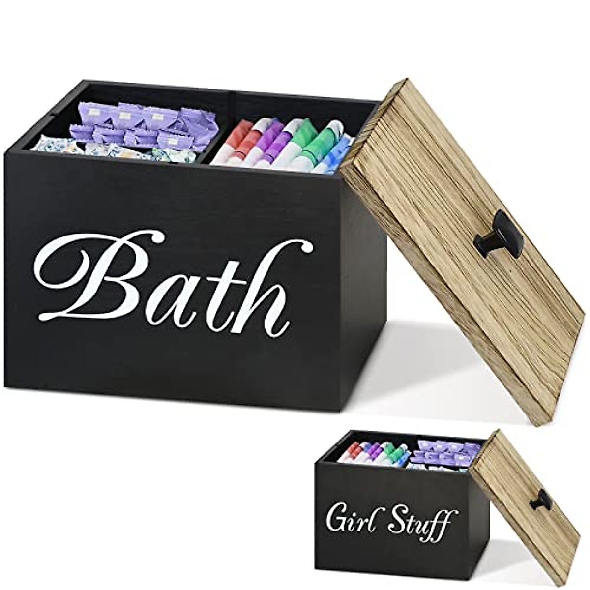 Tampon Storage Bathroom Container with Lid, Tampon Holder for Bathroom, Countertop Organizer Storage Box Tampons and Pad Organizer, Wood Movable Partition Feminine Product Organizer for Cosmetics