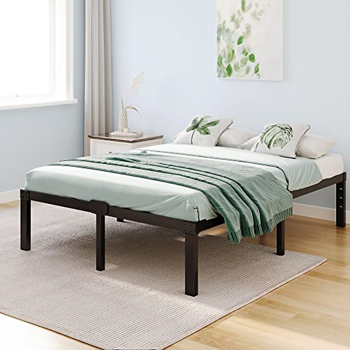 Kydins Platform Bed Frame Queen Size with Storage Headboard Compatible 14 Inch High Metal No Box Spring Needed Black Mattress Foundation Heavy Duty Steel Slat