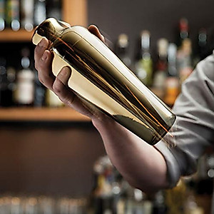 Viski Parisian Cocktail Shaker, Contoured High Shine Polished Stainless Steel with Built-In Cap and Strainer, Gold 25 Oz Set of 1