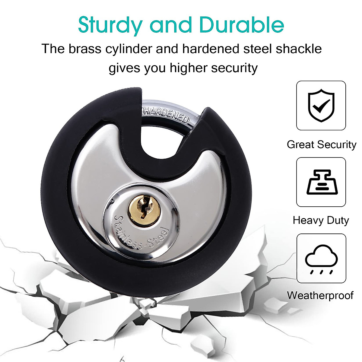 DAYGOS Outdoor Padlock for Storage Unit, Waterproof Stainless Steel Disc Lock with Rubber Bumper for Sheds,Gate and Fence, Heavy Duty Discus Keyed Pad Lock (3/8-Inch Shackle)