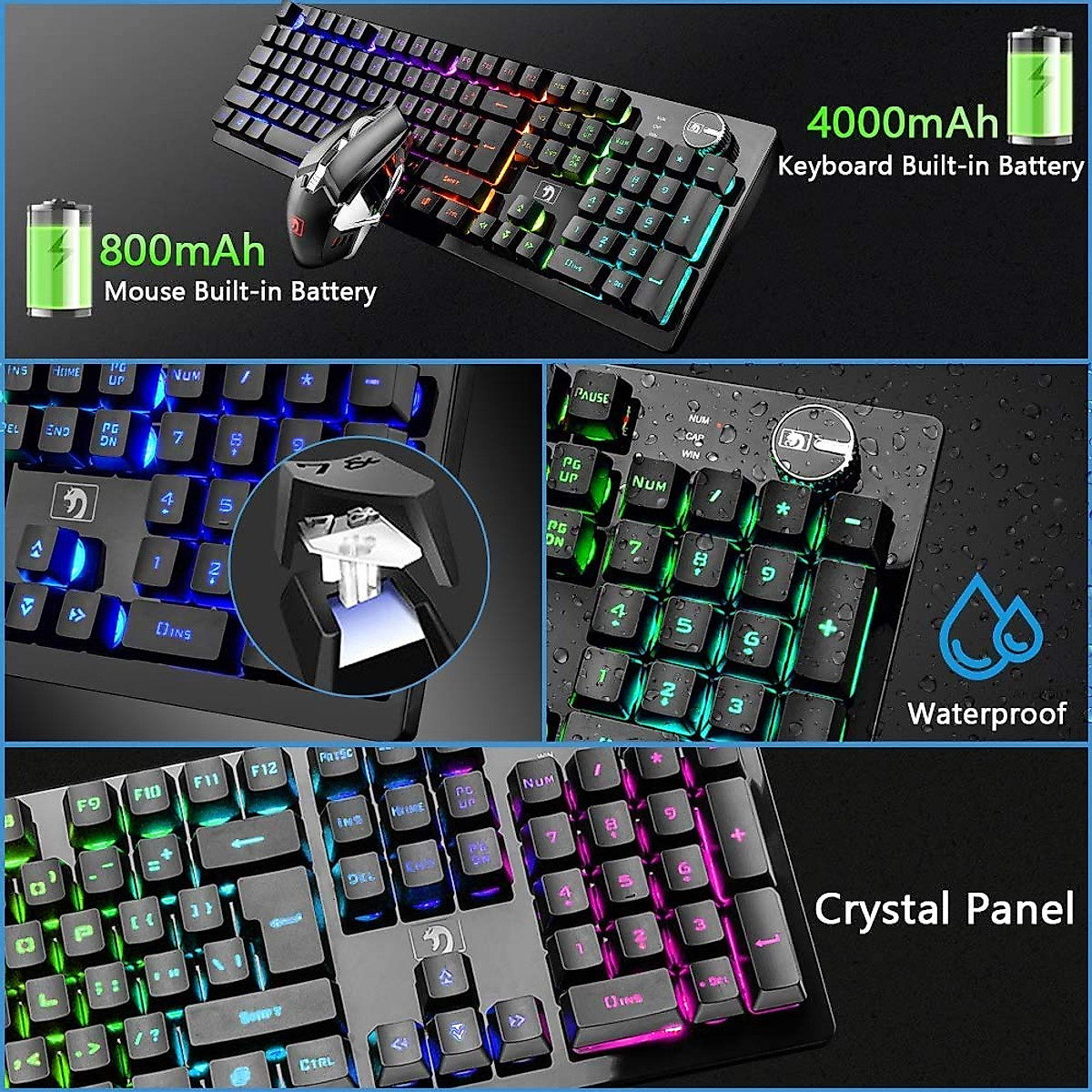 FELICON Wireless Gaming Keyboard and Mouse Set, RGB Backlit Rechargeable 4800mAh Battery, Mechanical Feel Anti-ghosting Keyboard, Control Knob for Multi-Media, Mute Gaming Mouse for Windows PC Gamer