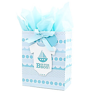 Hallmark 13" Large Gift Bag with Tissue Paper for Baby Showers, New Moms and More (B is for Boy, Blue)