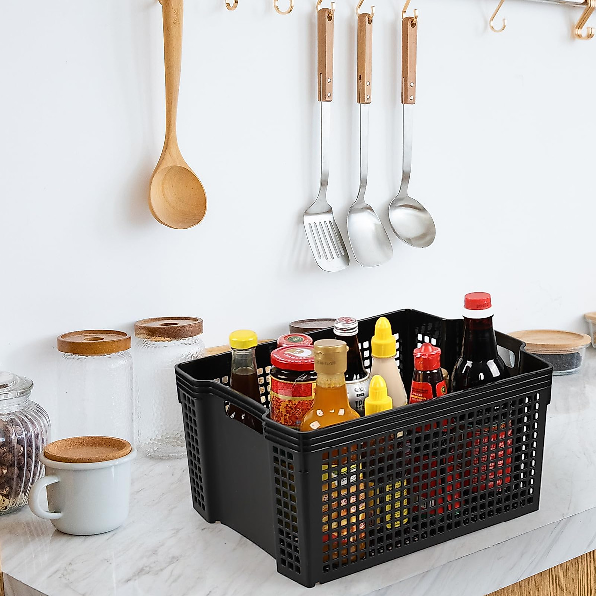 Eagrye Set of 12 Black Plastic Storage Basket for Pantry Organizing, Plastic Stackable Storage Basket for Shelf