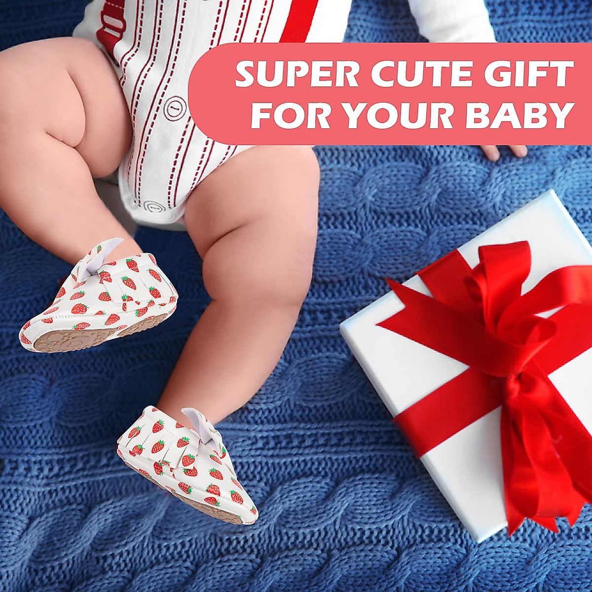 HONGTEYA Baby Moccasins with Rubber Sole&Soft Sole - Flower Print PU Leather Tassel Bow Girls Ballet Dress Shoes for Toddler (6-12Months, 12.5cm,5.5 M US Toddler, Strawberry)