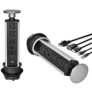 Vertical Tabletop Power, Video and Data Center - 3 Power, 1 CAT6 RJ45, 1 VGA, 1 HDMI, 1 USB Passthrough