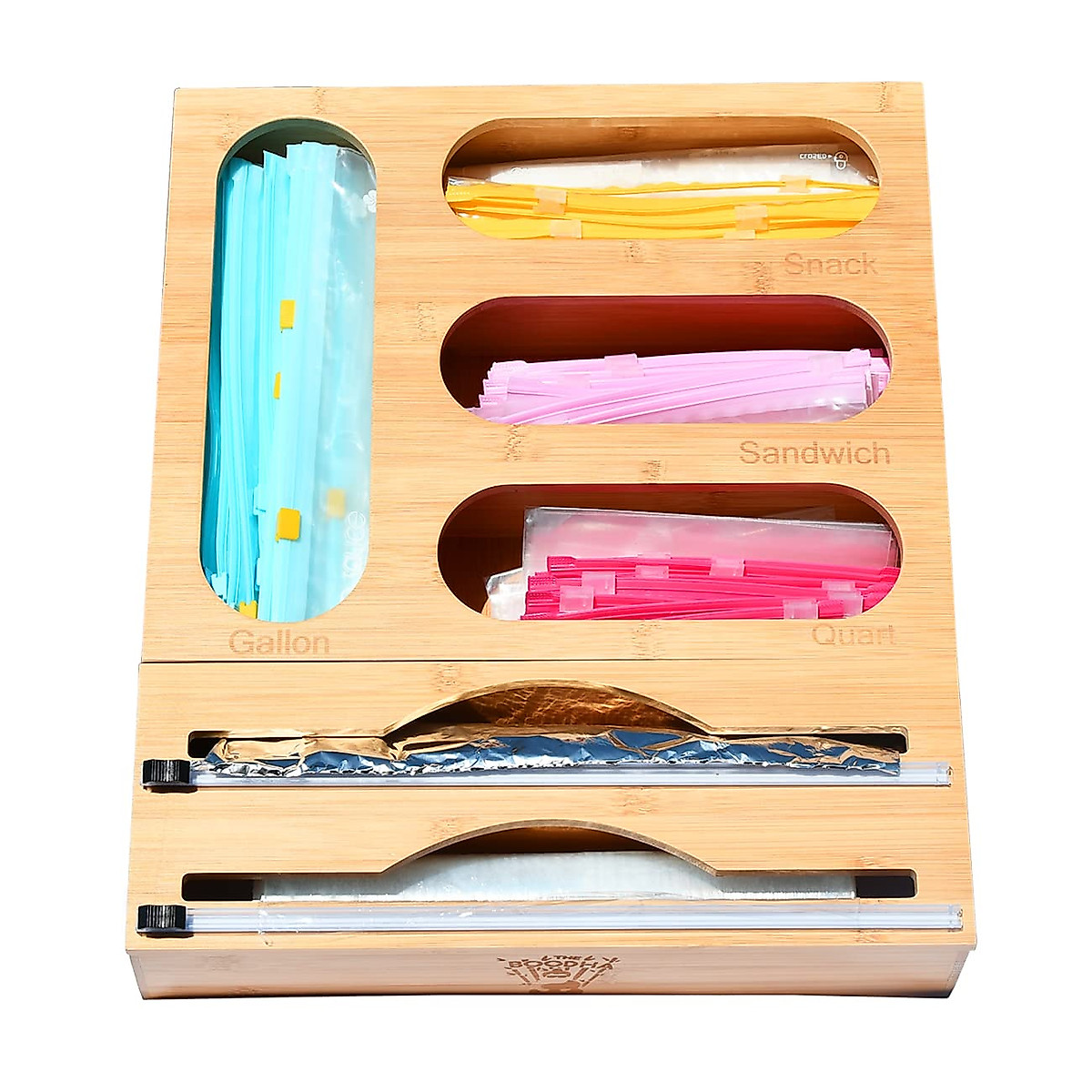 The Boodha Ziplock Bag Organizer with Wrap Dispenser – 6-in-1 Foil and Plastic Wrap Organizer with Cutter, Baggie Organizer for Sandwich, Snack, Gallon, Quart Bags – Bamboo Kitchen Drawer Organizer