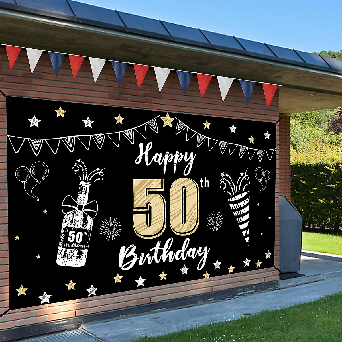 50th Birthday Banner Backdrop Decorations for Men Women, Black Gold Happy 50 Birthday Sign Party Supplies, Fifty Years Old Birthday Photo Background Poster Decor(72.8 x 43.3 Inch)