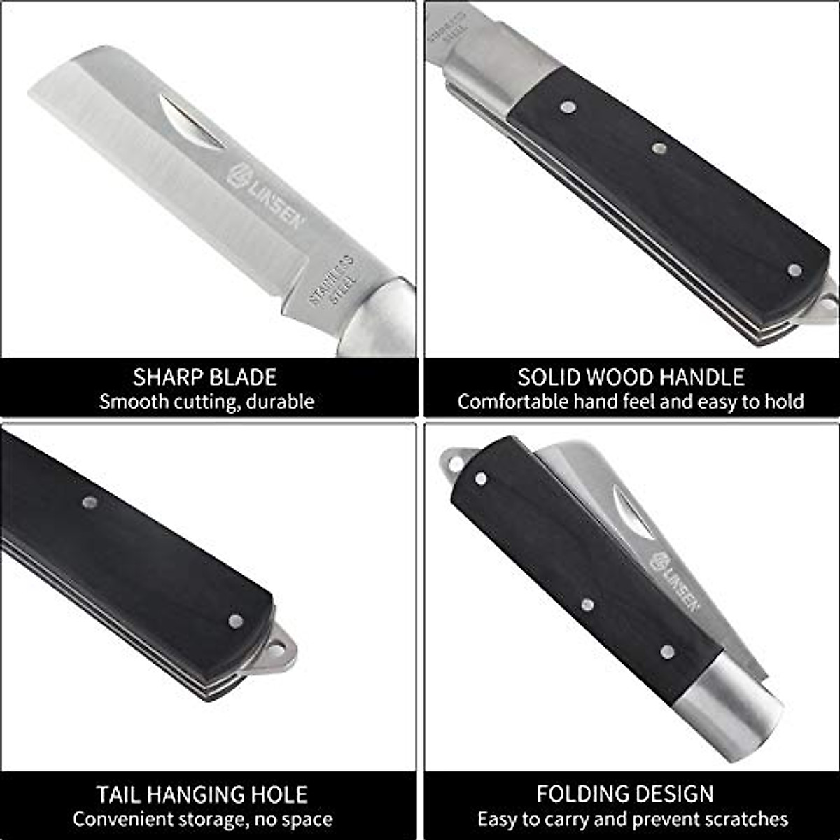 Linsen-outdoor Black Handle Pruning Knife,Grafting Knife, Stainless Steel Garden Budding Knife, Folding Pocket Knife for Grafting Multi Cutting Tool, Weed Bushes Branches Mushroom Diggig Knife