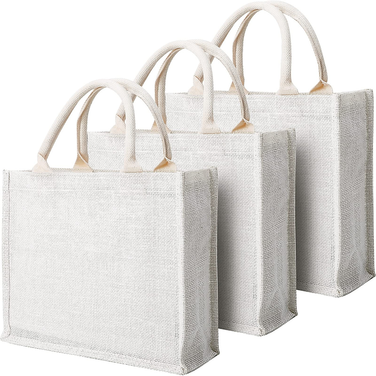 Segarty Tote Bags, 3 Pack Small White Burlap Jute Reusable Canvas Gift Favors Bag with Handles Blank Tote Bulk for Bridesmaid Wedding, Women Market Grocery Shopping, Bachelorette Party, Beach Trip
