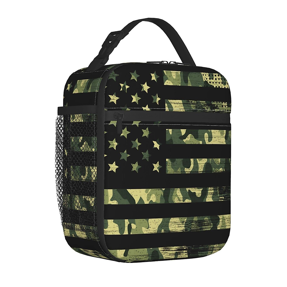 vlaxwaif American Flag With Green Camo Lunch Bag Insulated Lunch Box For Women Men,Durable Portable Adult Cooler Lunch Tote Boys Girls Lunchbox With Side Pocket For Work Office School