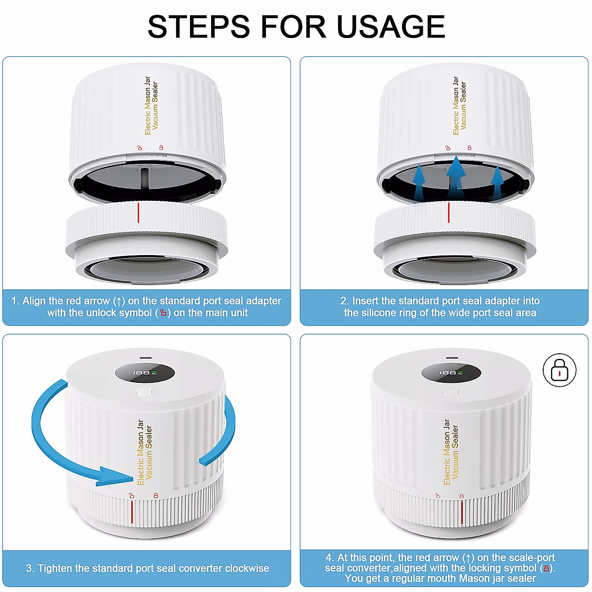 ATTIKBIZ Electric Mason Jar Vacuum Sealer, Compatible with Wide and Regular Mouth Mason Jars, Integration Vacuum Machine - White