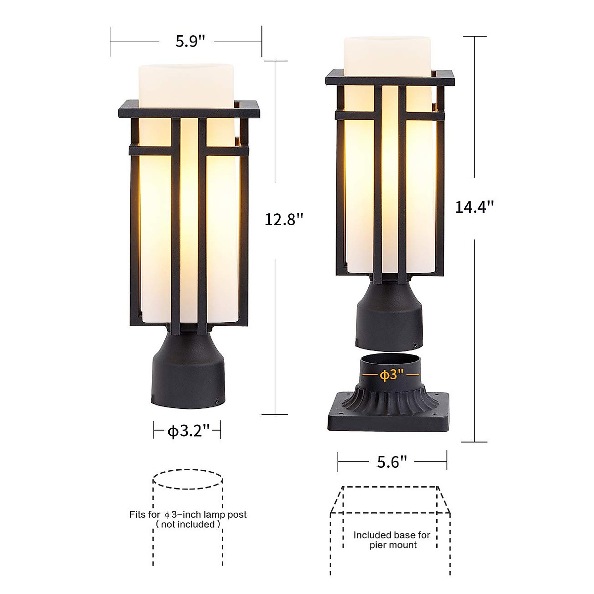 EERU Outdoor Post Lights Waterproof Metal Frame with Milk White Frosted Glass, Pier Mount Outdoor Lighting Fixtures(with 3-Inch Pier Mount Base) Outdoor Post Lantern for Garden Backyard and Porch