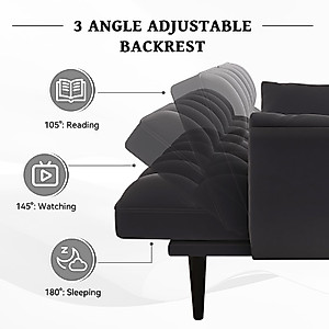 KINFFICT 57 inch Black Futon Sofa Couch Bed, Comfy Velvet Upholstered Loveseat, Convertible Sleeper Sofa cama with Adjustable Backrest, Mid Century Modern Sofas for Living Room, Bedroom, Small Space