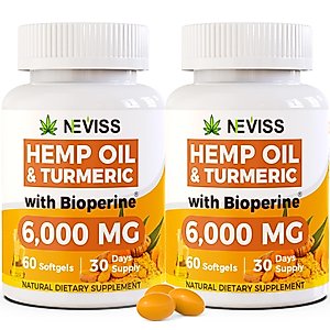 2 Pack Hēmp Oil Capsules with Turmeric - Organic Hēmp Softgels Pills with Turmeric Curcumin, Black Pepper - Vegan Omega 3 & 6 Supplement - Extra Strength & Absorption - Made in USA - 120 Softgels
