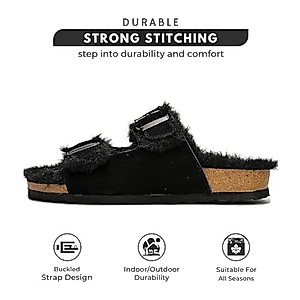 Project Cloud Genuine Suede House Slippers for women - Cozy Womens Sandals Shearling Fur Lining Slides for Women Footwear - Adjustable Straps Sandals for Women 2025 (Dianea, Black, 7)