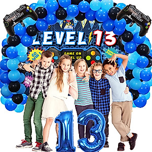 Vlipoeasn 90PCS 13th Birthday Video Game Party Decorations for Boys Set Blue 13th Birthday Supplies -13th Video Game Backdrop, Balloons, Tablecloth, Gamer and 13 Foil Balloons for 13 Years Old