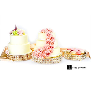 LINDLEMANN-Shiny Cake Stand-Decorative Metal Cake Holder with Spatula-Round Cake Stand-Genuine Mineral Crystals-Set of 3 Serving Plate Display- Mothers' & Easter Day Gift Tray-Gold (10 + 12 +13.5 in)