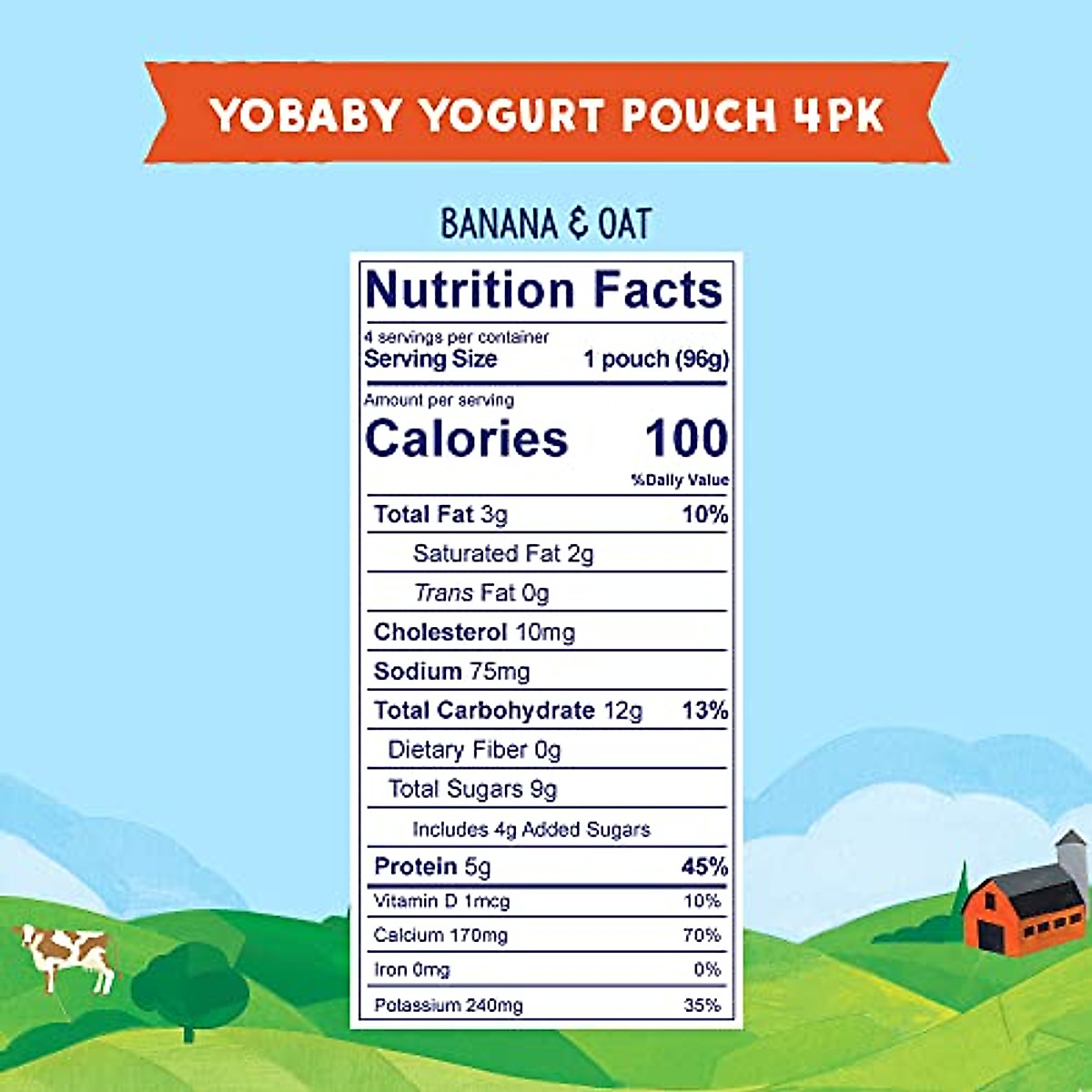 Stonyfield Organic YoBaby Whole Milk Banana & Oat Yogurt Pouches for Babies 6 Months & Older, 3.4 oz., 4 Ct