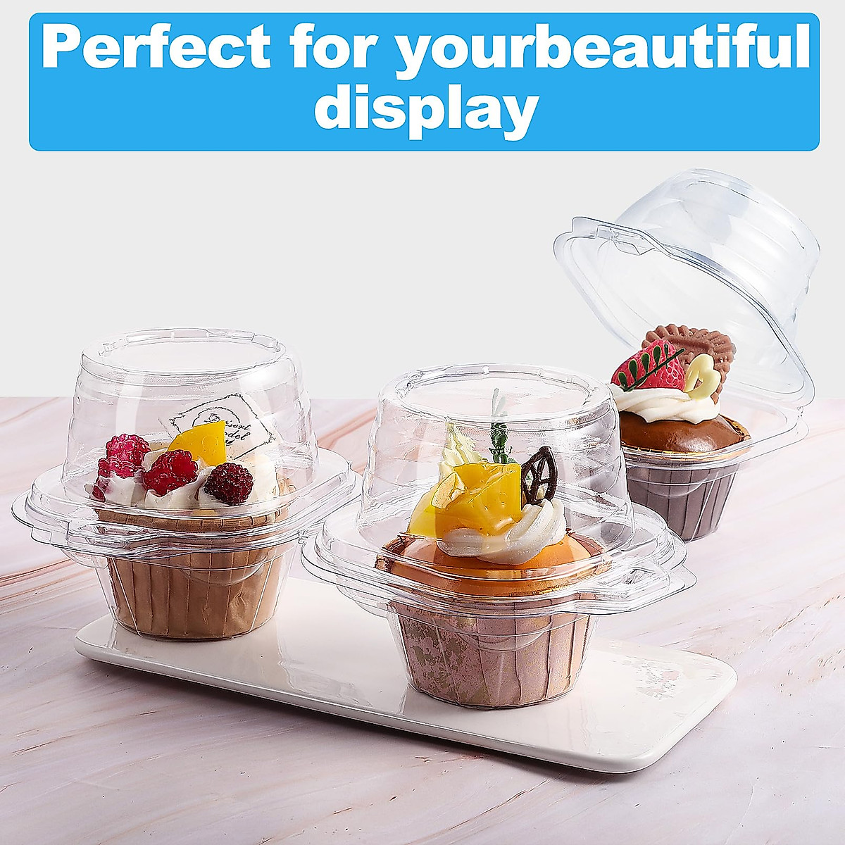 Vyndicca 100Pack Individual Cupcake Containers,Disposable Clear Plastic Cupcake Holders,Stackable Single Compartment Cupcake Carrier With Connected Airtight Deep Dome Lid for Cake Muffins,BPA Free