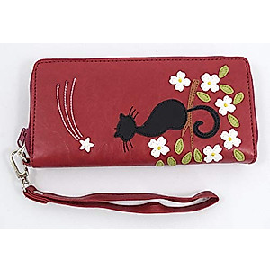 Lavishy Black Cat and Flower applique Zip Around Wallet with a Strap (Red)