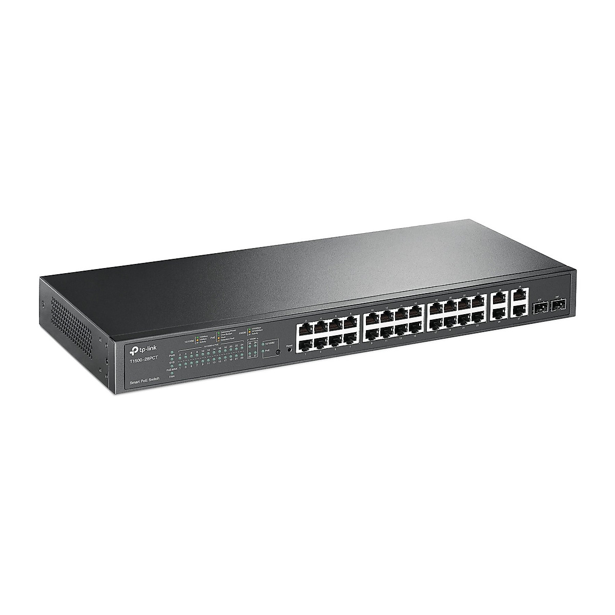 TP-Link 24 Port Fast Ethernet PoE Switch | 24 PoE+ Ports @192W, w/ 4 Uplink Gigabit Ports + 2 Combo SFP Slots | Smart Managed | Limited Lifetime Protection | Support L2/L3/L4 QoS and IGMP(T1500-28Pct)