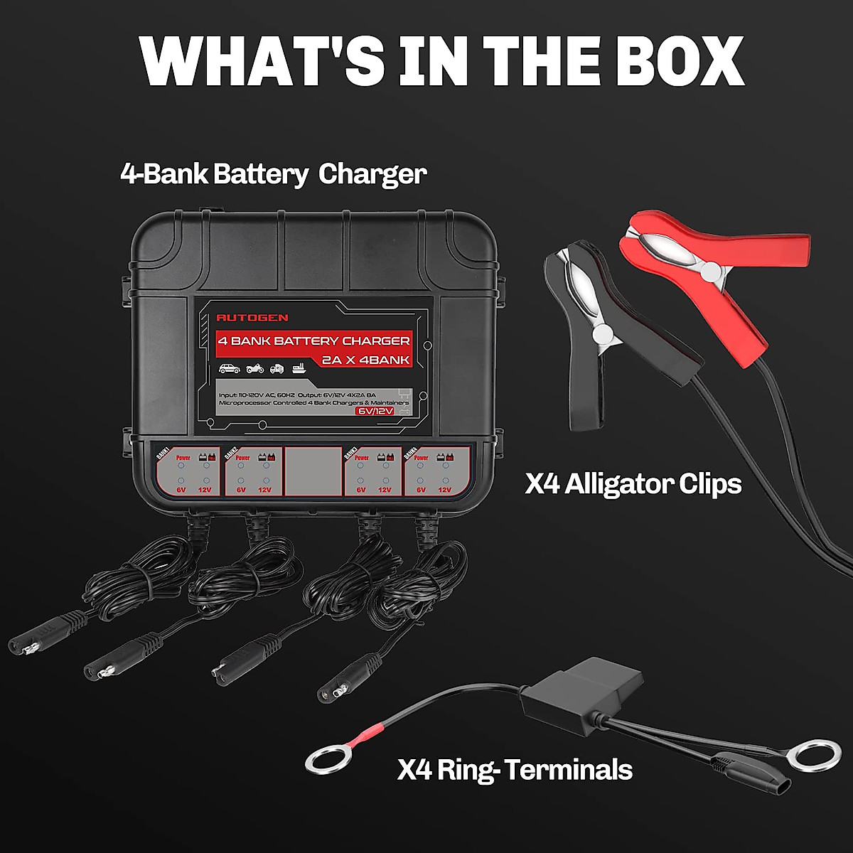 AUTOGEN 4-Bank Marine Battery Charger, 8-Amp (2-Amp Per Bank) Smart Battery Trickle Charger Maintainer, 6V & 12V Onboard Battery Charger and Battery Maintainer