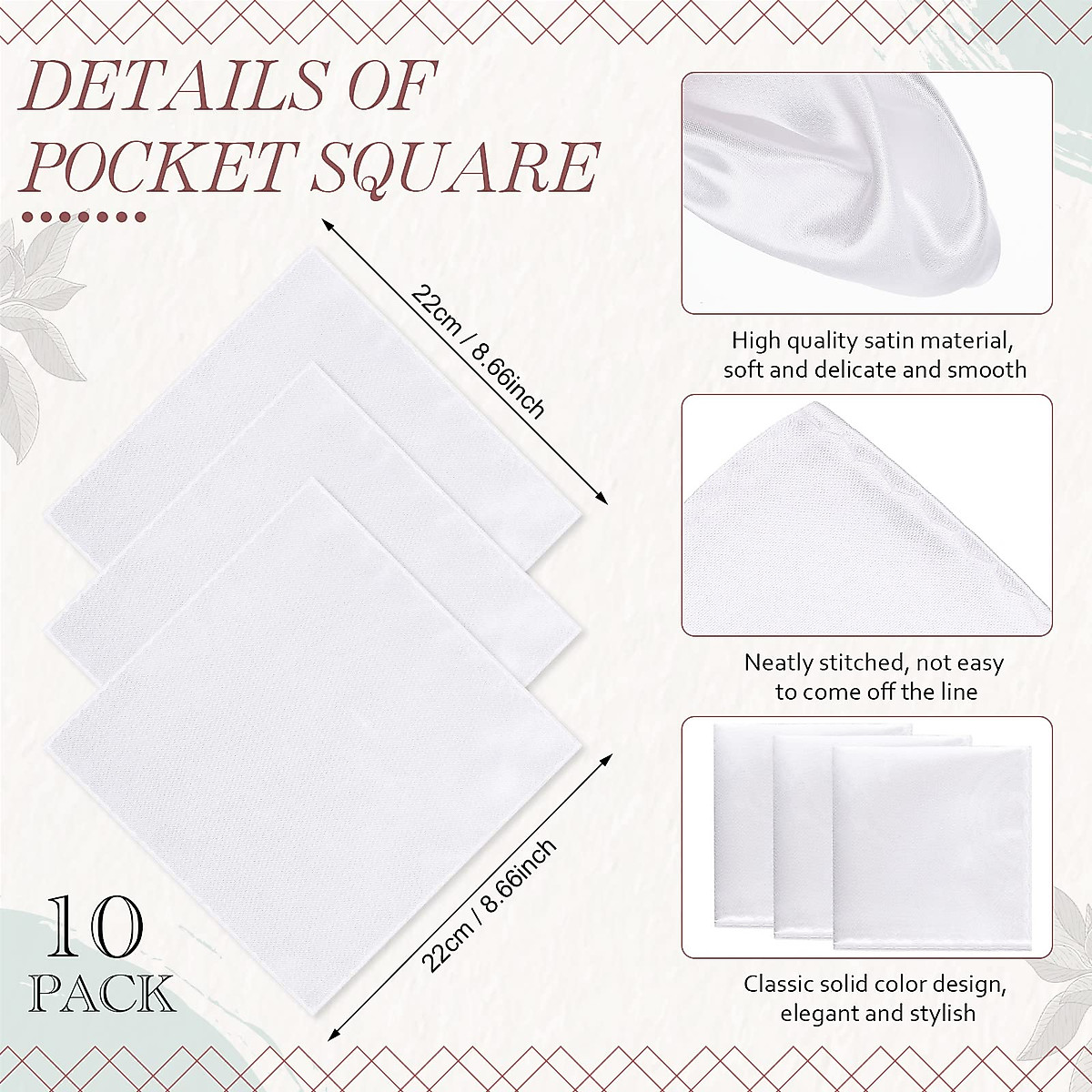 10 Pcs Pocket Squares for Men Silk Pocket Squares Suit Handkerchief for Groomsmen Wedding Party (White)