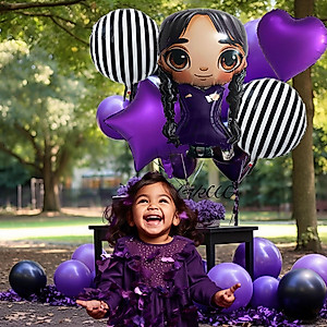 31" Gothic Cartoon Girl & Mixed Gothic Balloons Set: 5pcs Foil Balloons Black Striped, Star, and Heart Purple Balloons for Mysterious Character theme Party, Birthday, Halloween, and Costume Parties