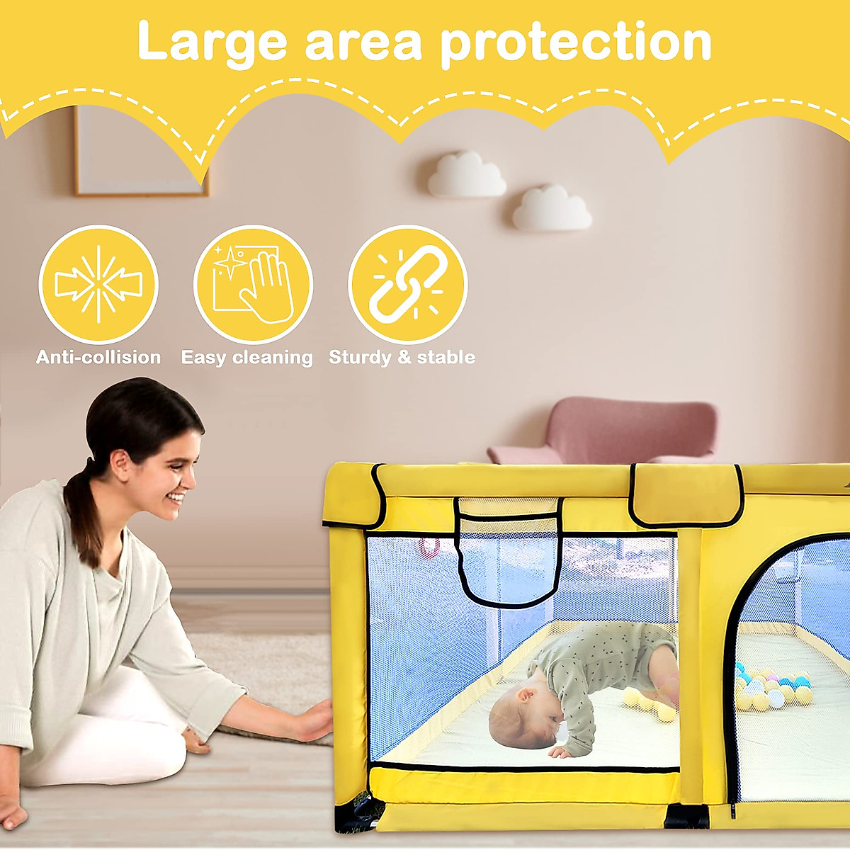 B22 Playpen 51”x51” + 2pull Rings+ 50pcs Ocean Balls+ 1sports Basket Loop; Playpen for Babies, Toddlers, Kid. Large Playpen for Toddlers, Sturdy, Safe, Portable Play Yard Indoor & Outdoor, Yellow