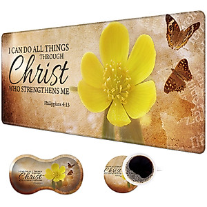 Desk Pad Mat + Wrist Rest Pad + Coasters Set, Durable Office Desk Mat 31.5"x 11.8", Large Gaming Mouse Pad Extended Non-Slip Rubber Base Keyboard Pad for Laptop & Home, Bible Verse Philippians 4:13