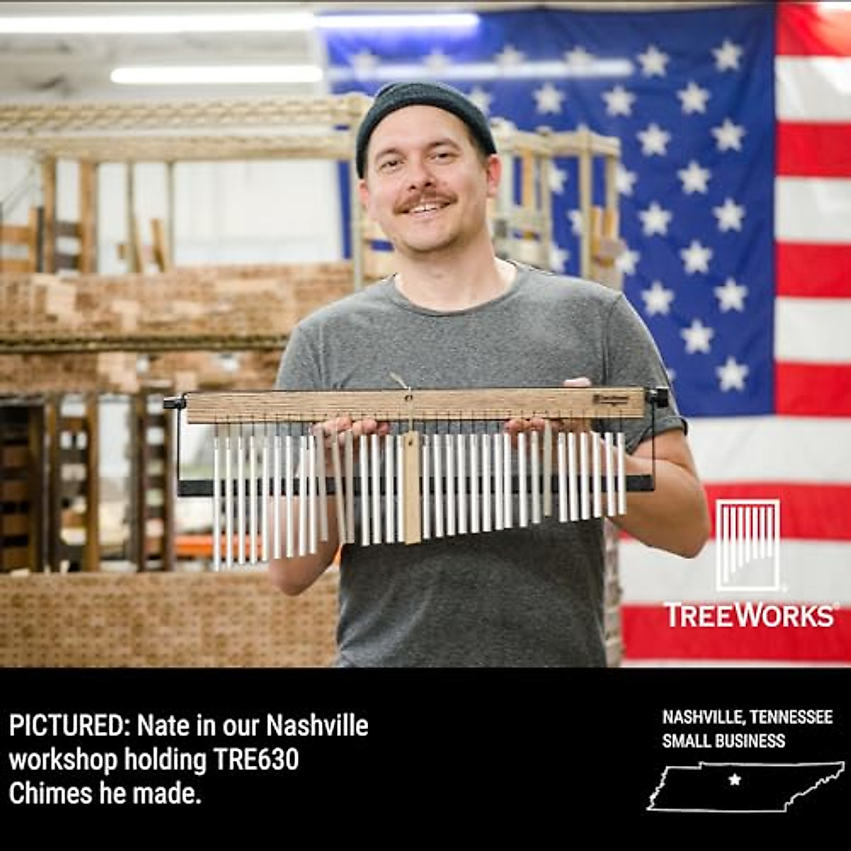 TreeWorks Chimes Full Size Bar Chimes with Dampening Arm and Bag — Made in U.S.A. — Single Row, Tennessee Hardwood (TRE630)