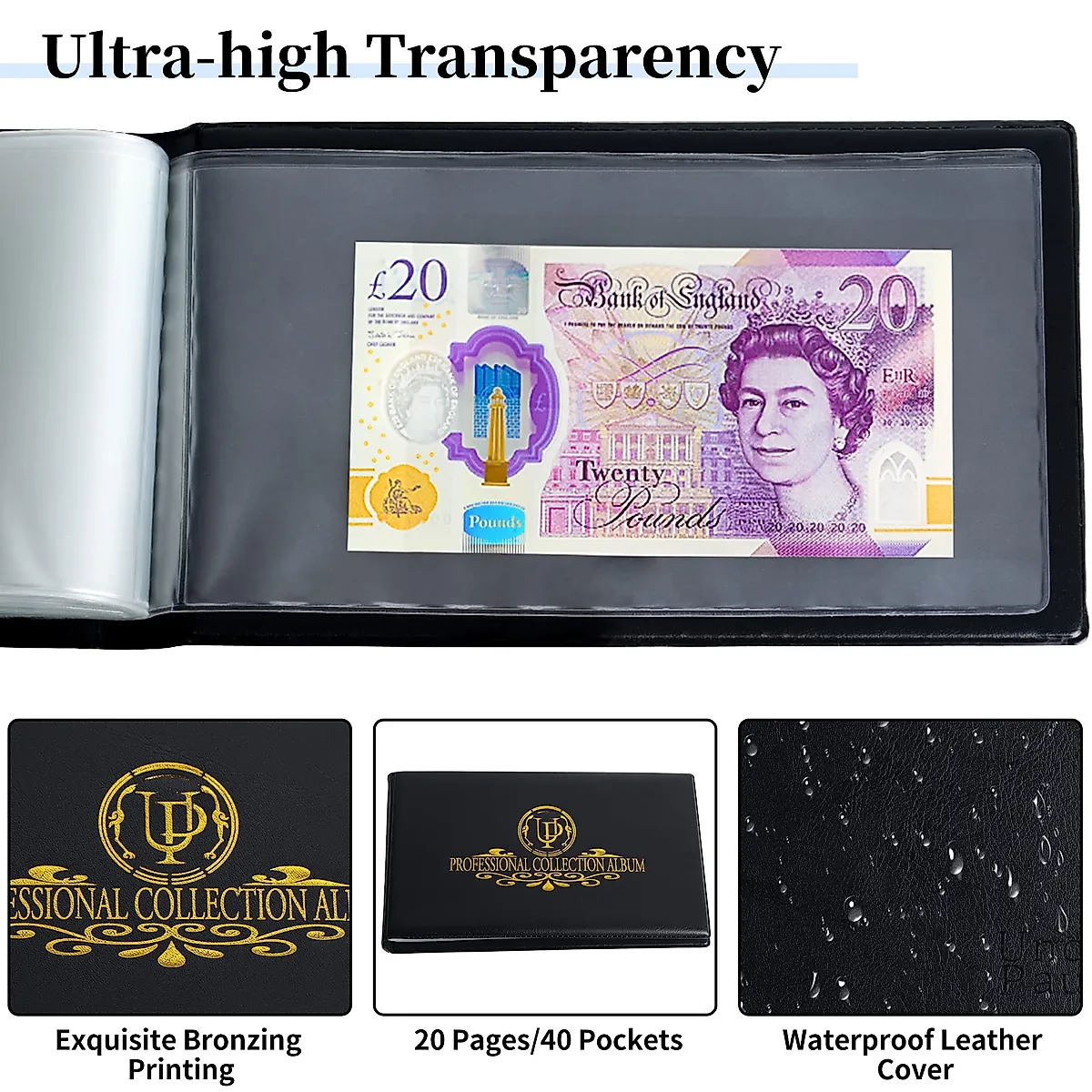 40 Pockets Banknote Currency Collecting Album - 20 Sheets Clear Dollar Bill Holders World Money Storage Book Collection Supplies Double-Sided Pages for Trading Cards Stamps Tickets Black AN04BK