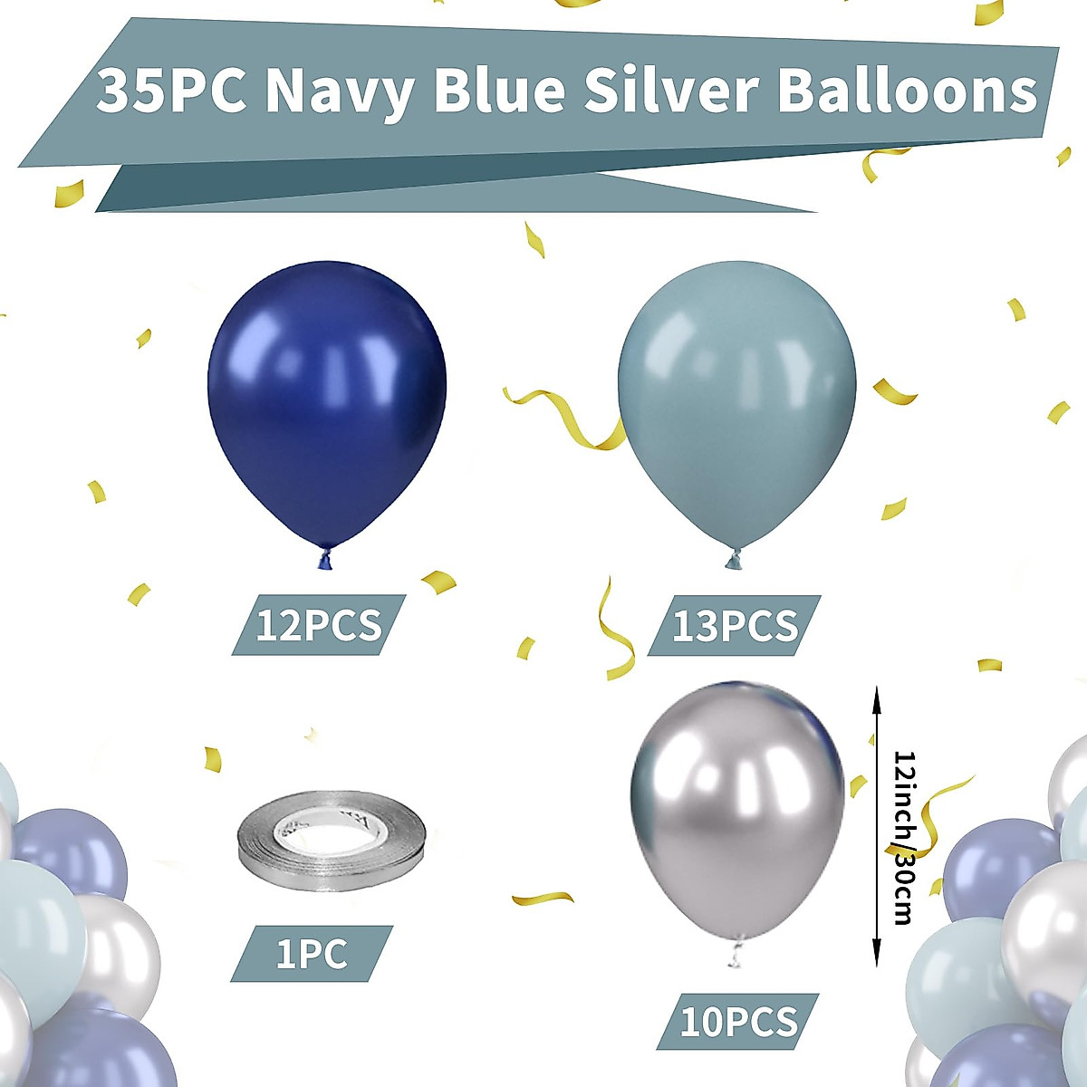Navy Blue Silver Balloons, Dusty Blue Silver Balloons 12 Inch Retro Blue Latex Balloons for Boho Birthday Baby Shower Party Wedding Bridal Shower Anniversary Graduations Decorations Supplies