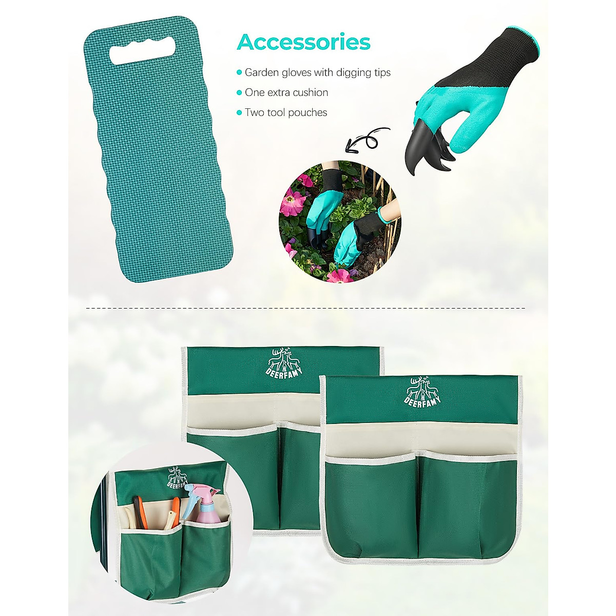 DEERFAMY Garden Stool 10.2" Width, Garden Kneeler and Seat Load Cap 350 lbs, Heavy Duty Gardening Stool with Extra Kneeling Pad, 2 Tool Pouches, Claw Gloves, Gift for Women Seniors, Green