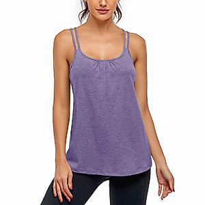 Hibelle Womens Tank Tops with Built in Bra, Summer Fashion Padded Athletic Casual Workout Top for Women Flowy Tanks Yoga Shirts Comfy Loose Fit Gym Clothes Light Purple Large