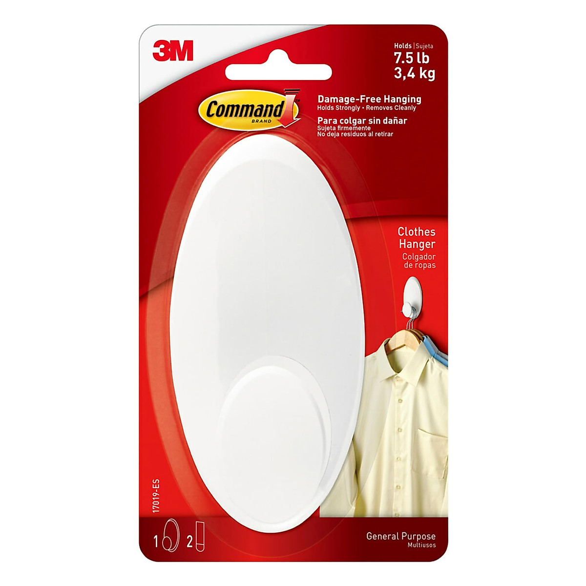 Command Clothes Hanger, Holds up to 7.5 lb, Sized for 3 Plastic Hangers or 7 Metal Hangers, 1 Wall Hooks and 2 Command Strips, Extra Storage for Laundry Room, Bedroom and Closet