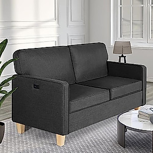 AODAILIHB 57" W Loveseat Sofa with 2 USB Charging Ports & Wide Pillows, Upholstered Comfy Couches for Bedroom Living Room Office Apartment, Small Space (1, Dark Grey)