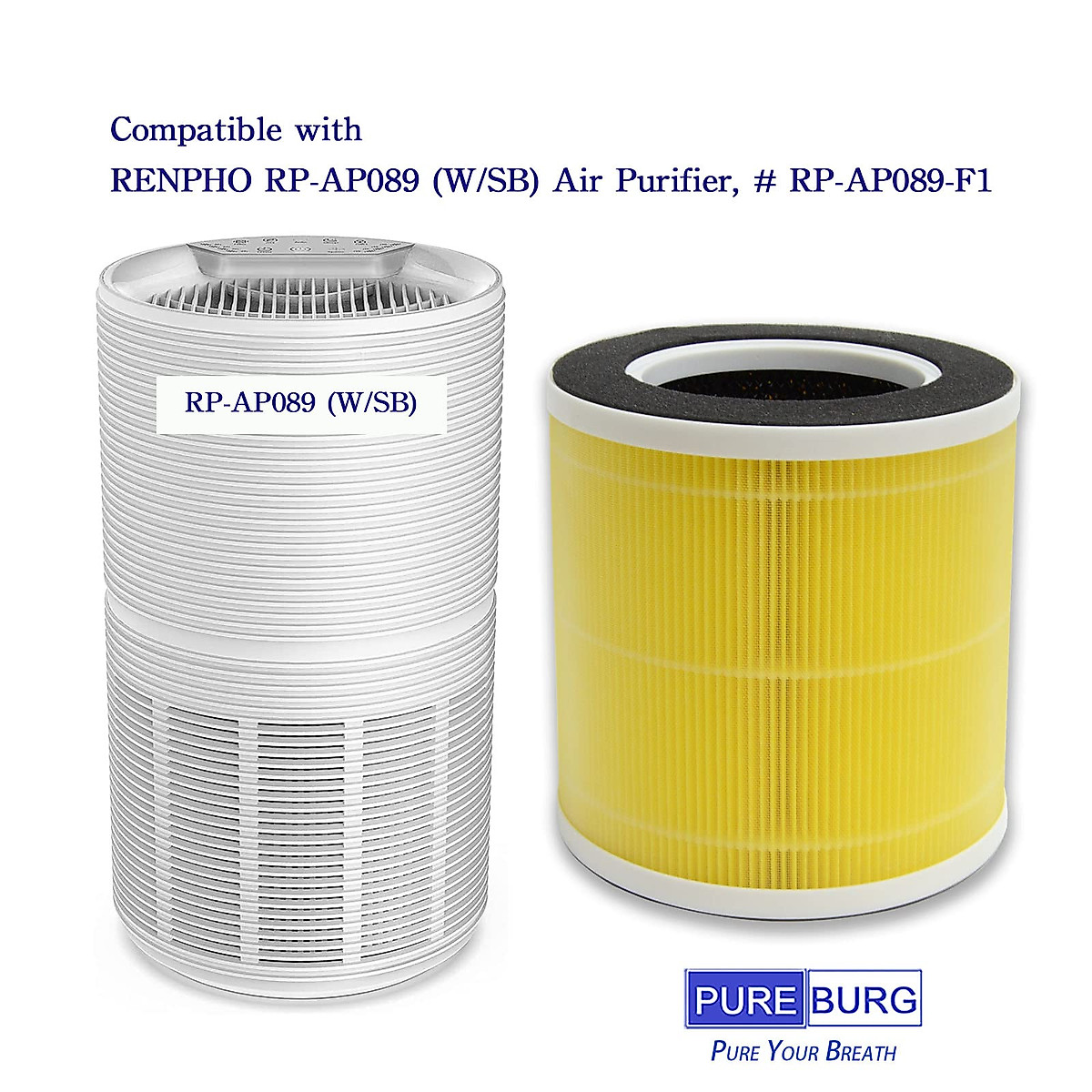 PUREBURG RP-AP089 Replacement Filter Compatible with RENPHO RP-AP089-F1 Fits RP-AP089W RP-AP089B Air Purifiers,2-Pack H13 HEPA Activated Carbon 2-IN-1